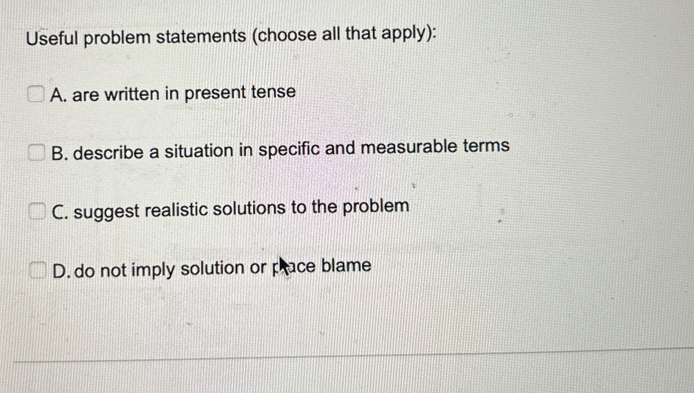 Solved Useful problem statements (choose all that apply):A. | Chegg.com