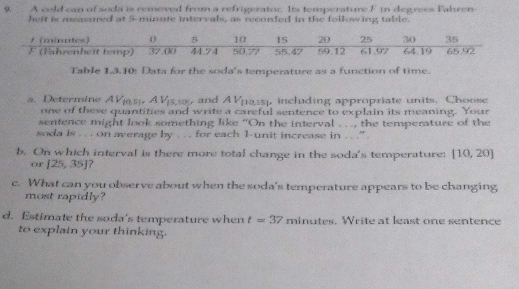 Solved Table 1.3.10: Dhta for the soda's temperature as a | Chegg.com
