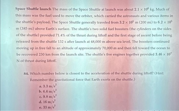 Solved Space Shuttle launch The mass of the Space Shuttle at | Chegg.com
