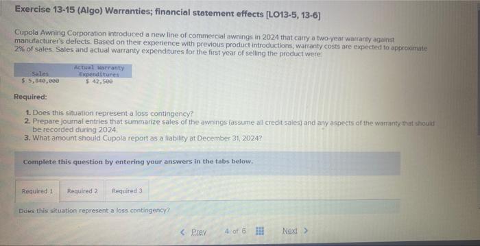 Solved Exercise 13-15 (Algo) Warranties; financial statement | Chegg.com