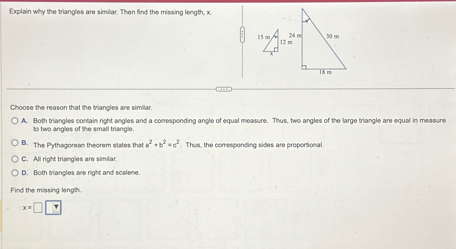 Solved Explain why the triangles are similar. Then find the | Chegg.com
