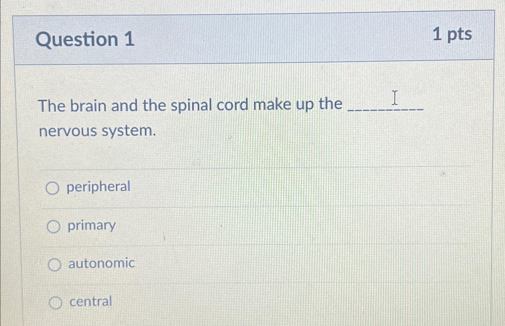 Solved Question 11 ptsThe brain and the spinal cord make up | Chegg.com Solved Question 11 ptsThe brain and the spinal cord make up | Chegg.com