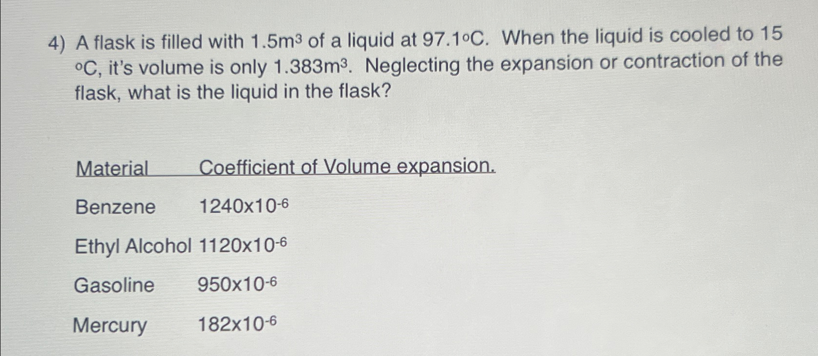 Solved A flask is filled with 1.5m3 ﻿of a liquid at 97.1°C. | Chegg.com