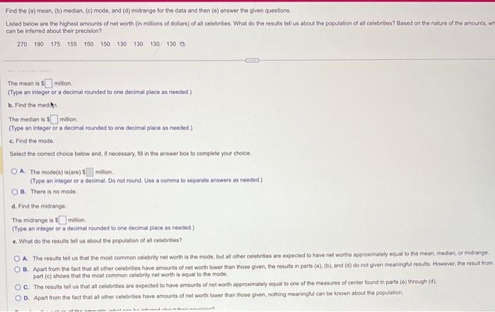 Solved Find the (a) mean, (b) median, (c) mode, and (d) | Chegg.com