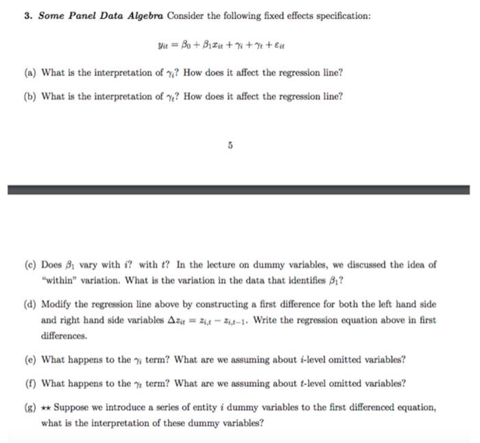 3. Some Panel Data Algebra Consider the following | Chegg.com