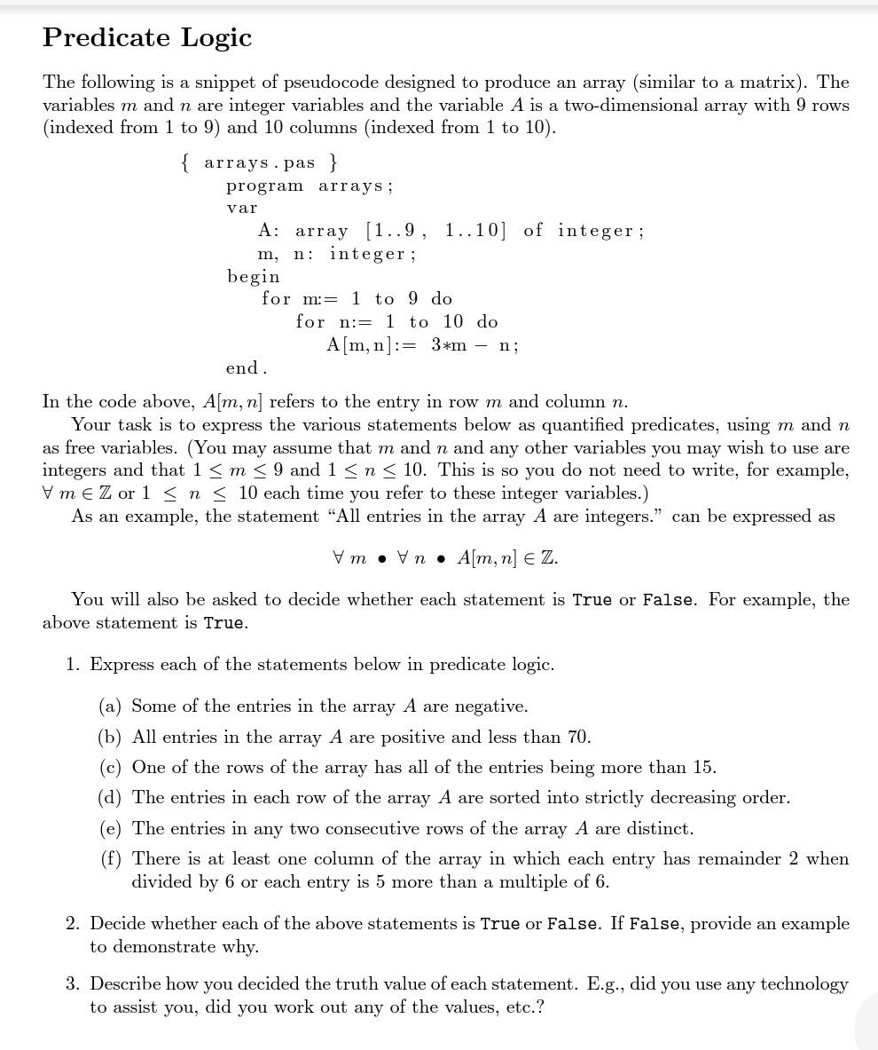 Solved ∀m∙∀n∙A[m,n]∈Z You will also be asked to decide | Chegg.com