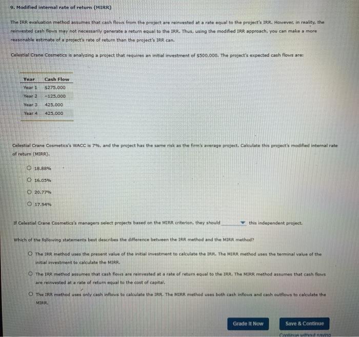 Solved 9. Modified internal rate of return (MIRR) The IRR | Chegg.com