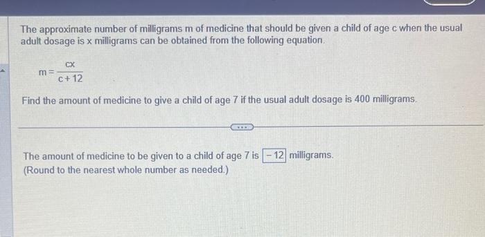 Solved The approximate number of milligrams m of medicine | Chegg.com
