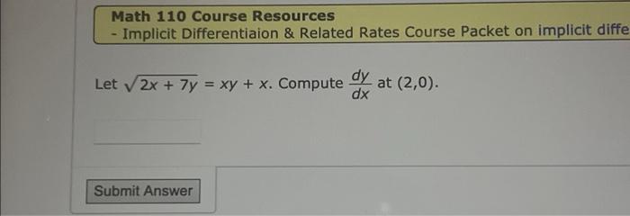 Solved Math 110 Course Resources - Implicit Differentiaion & | Chegg.com