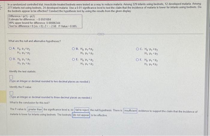 Solved In a randomized controlled trial, insecticide-treated | Chegg.com