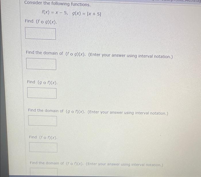 Solved Consider the following functions. f(x)=x−5,g(x)=∣x+5∣ | Chegg.com