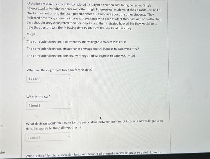 Solved IU student researchers recently completed a study of | Chegg.com