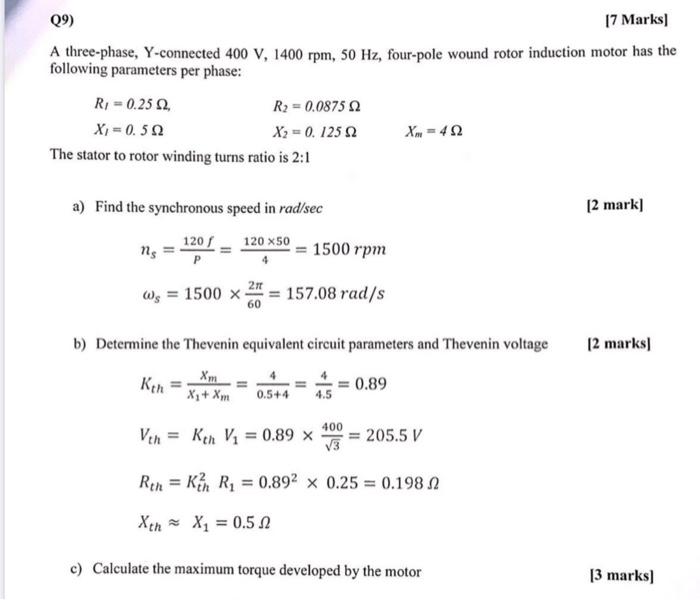 Solved Q8) 18 Marks) A Locked-rotor test conducted on a 400 | Chegg.com