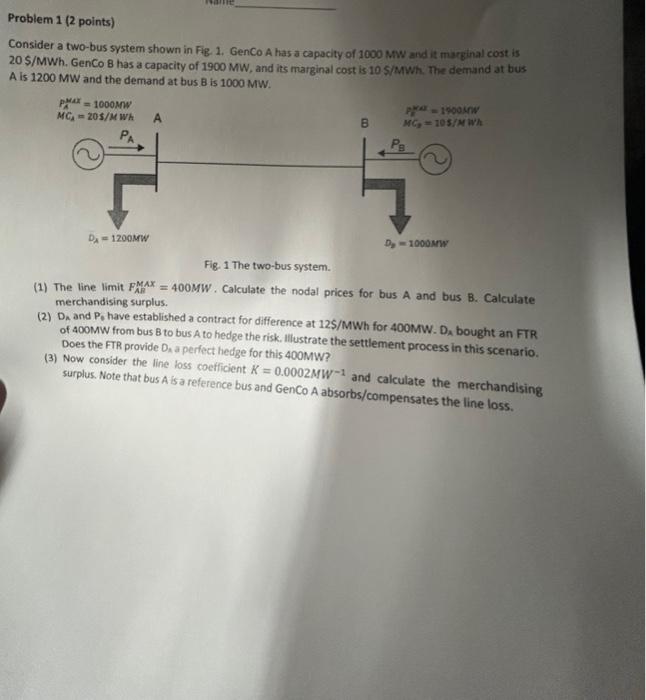 Solved Consider a two-bus system shown in Fig. 1. GenCo A | Chegg.com