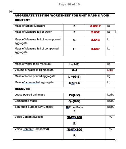 Solved Page 10 of 10 + AGGREGATE TESTING WORKSHEET FOR UNIT | Chegg.com