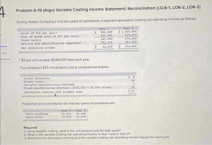 Solved Problem 6-19 (Algo) Variable Costing Income | Chegg.com