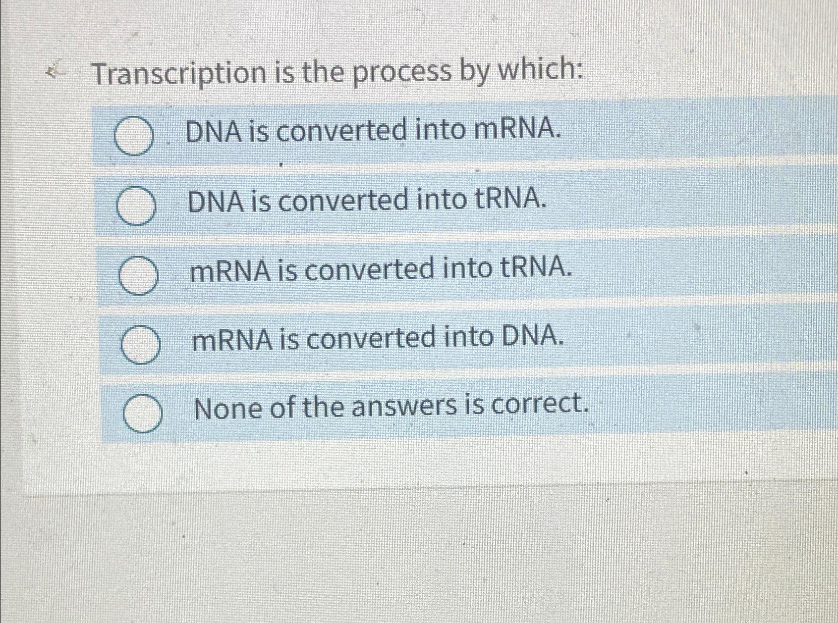 Solved Transcription is the process by which:DNA is | Chegg.com