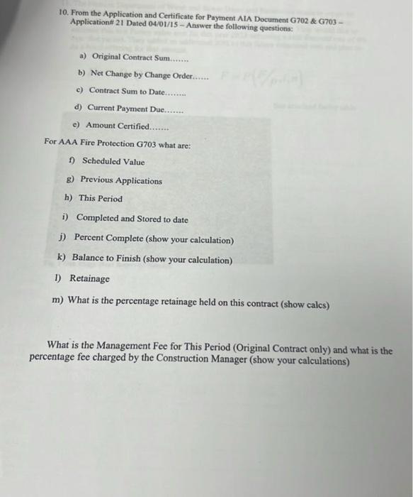 Solved 10. From the Application and Certificate for Payment | Chegg.com