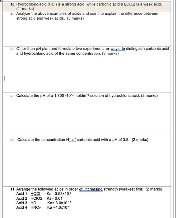 Solved 10. Hydrochloric acid (HCI) is a strong acid, while | Chegg.com