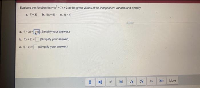 Solved Evaluate The Function F X X2 7x 3 At The Given