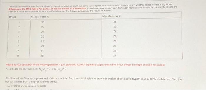 Solved Two major automobile manufacturers have produced | Chegg.com