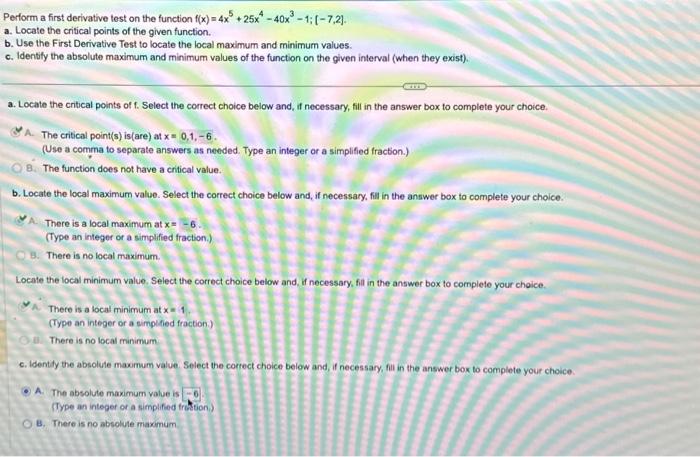 Solved Perform a first derivative lest on the function | Chegg.com
