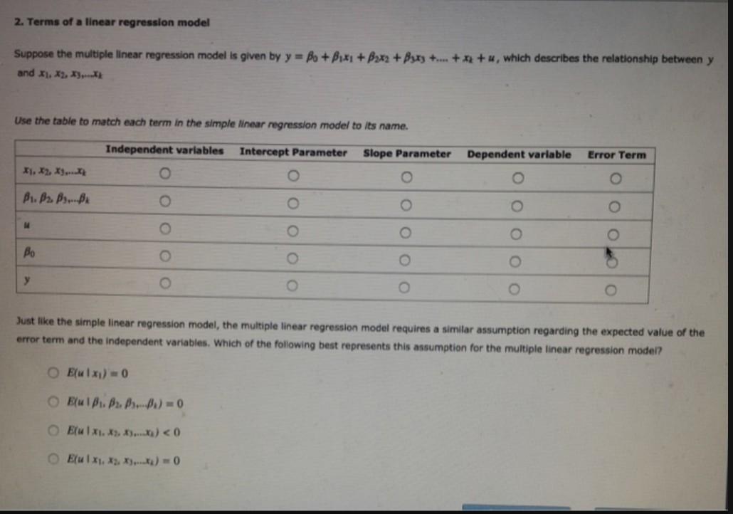 Solved 2. Terms of a linear regression model Suppose the | Chegg.com