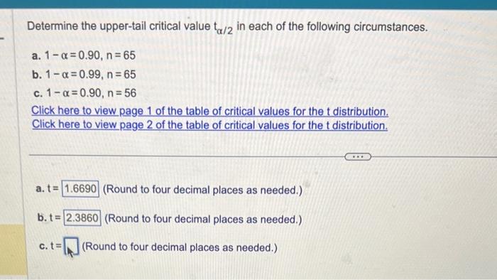 Solved Determine the upper-tail critical value tα/2 in each | Chegg.com