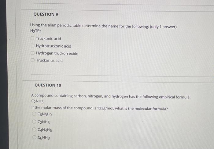 Solved QUESTION 9 Using the alien periodic table determine | Chegg.com