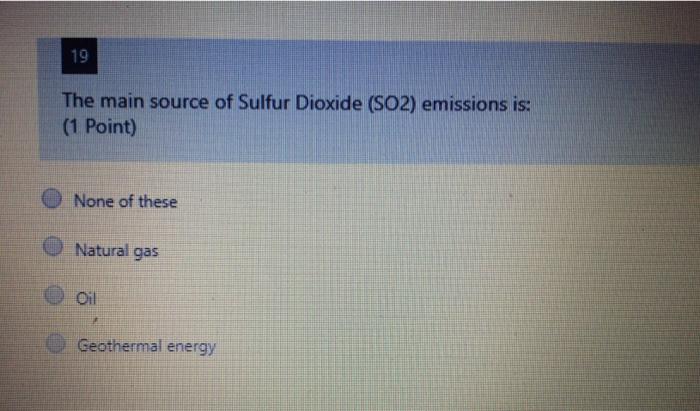 Solved 19 The main source of Sulfur Dioxide (SO2) emissions | Chegg.com
