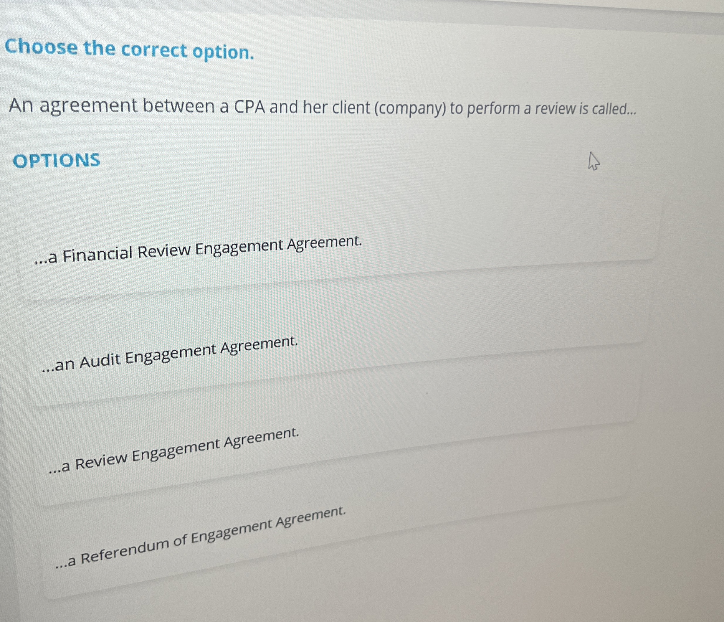 Solved Choose the correct option.An agreement between a CPA | Chegg.com