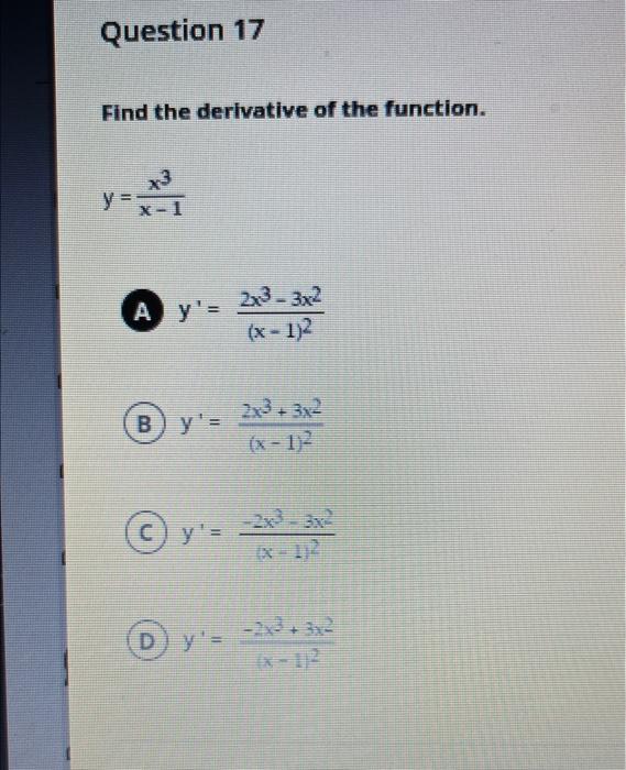 Solved Find the derivative of the function. y=x−1x3 | Chegg.com
