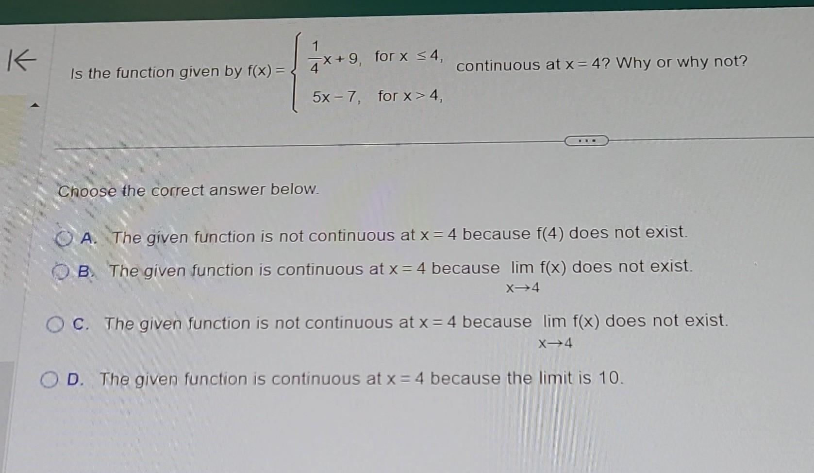 Solved Is the function given by f(x)={41x+9,5x−7, for x≤4, | Chegg.com