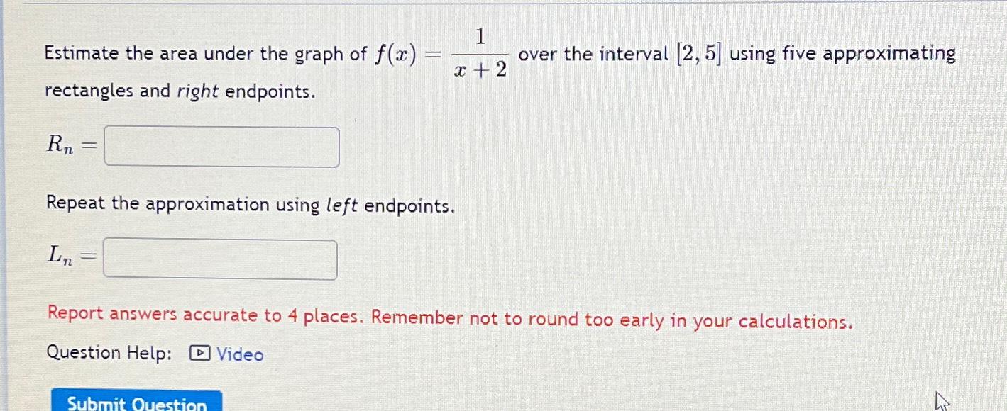 Solved Estimate the area under the graph of f(x)=1x+2 ﻿over | Chegg.com
