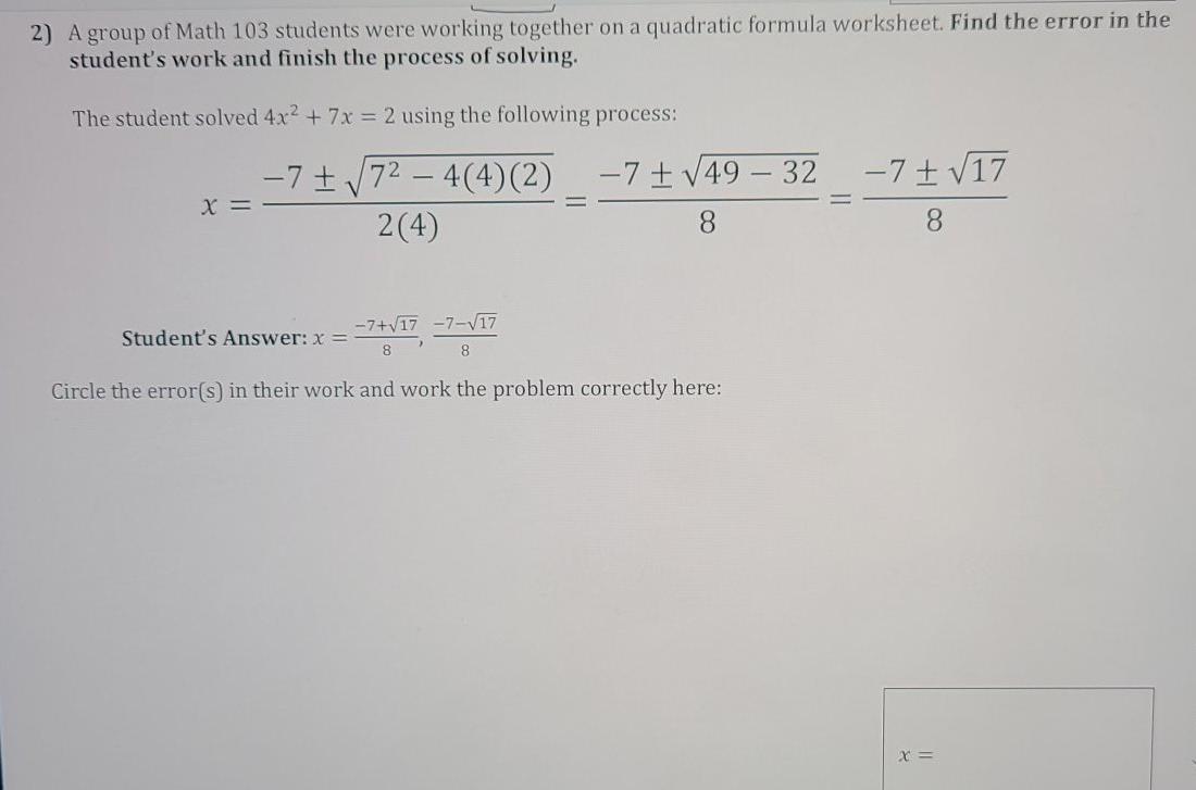 Solved 2) A group of Math 103 students were working together | Chegg.com