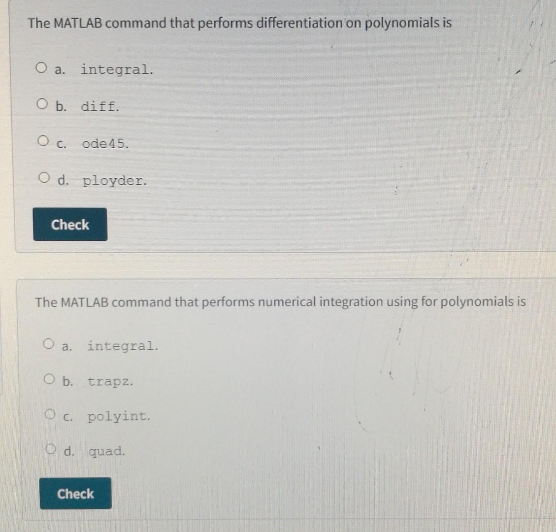 Solved The MATLAB command that performs differentiation on | Chegg.com