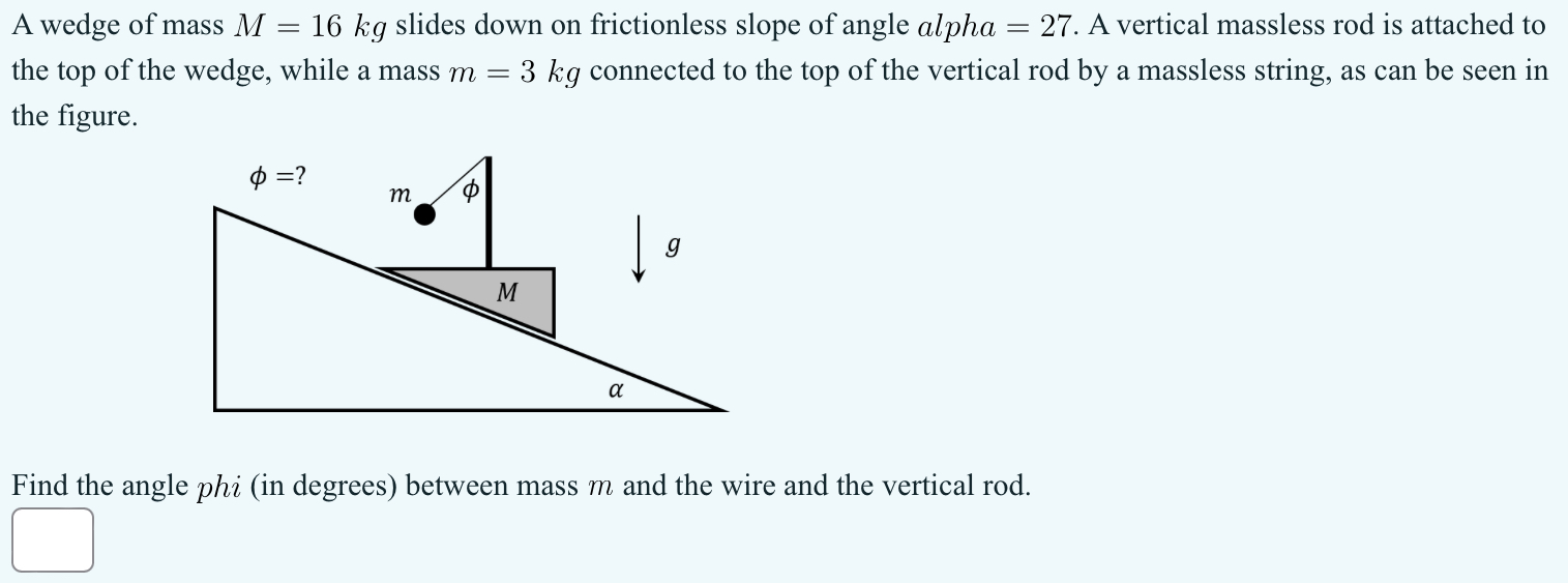 Solved A wedge of mass M=16kg ﻿slides down on frictionless | Chegg.com