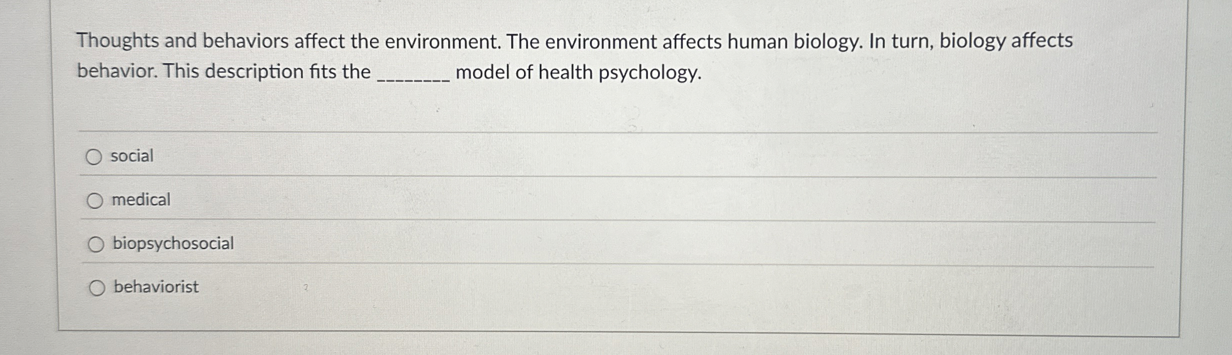 Solved Thoughts and behaviors affect the environment. The | Chegg.com