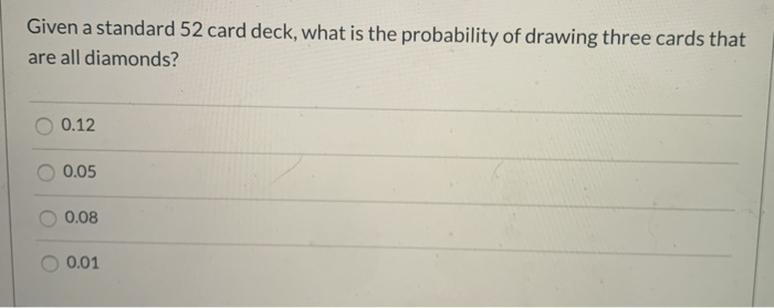 Solved Given a standard 52 card deck, what is the | Chegg.com