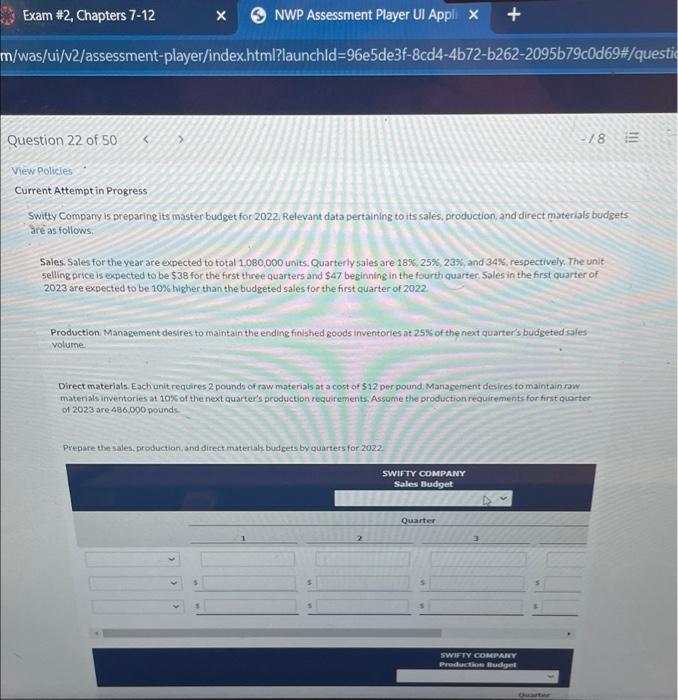 Exam #2, Chapters 7-12 х NWP Assessment Player UI | Chegg.com