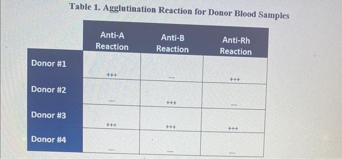 Solved Table 1. Agglutination Reaction for Donor Blood | Chegg.com