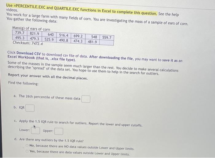 Solved Use =PERCENTILE.EXC and QUARTILE.EXC functions in | Chegg.com