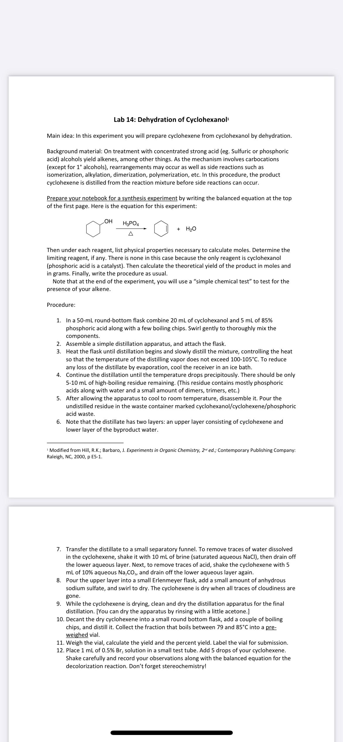 Solved Lab 14: Dehydration of Cyclohexanol'1Main idea: In | Chegg.com