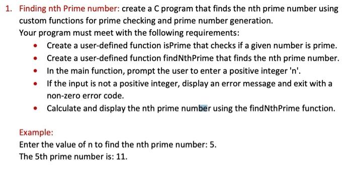 Solved 1. Finding nth Prime number: create a C program that | Chegg.com