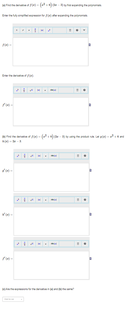 Solved (a) ﻿Find the derivative of f(x)=(x2+6)(2x-3) ﻿by | Chegg.com