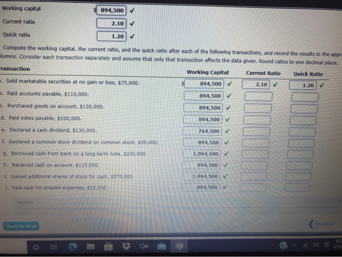 Solved Working Capital 894 500 Current Ratio 2 10 Quick Chegg