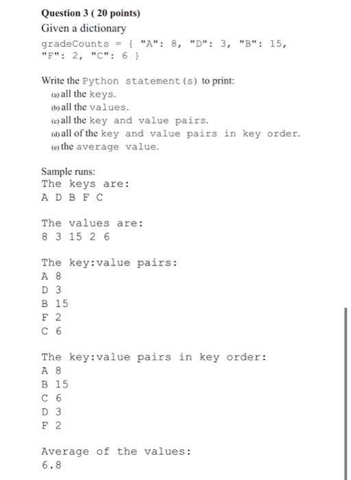 Solved Question 3 ( 20 points) Given a dictionary | Chegg.com