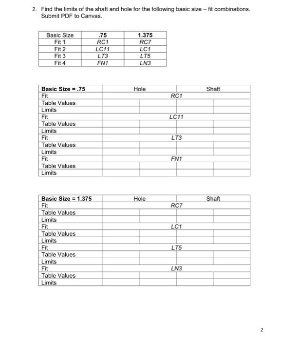 Solved 2. Find the limits of the shaft and hole for the | Chegg.com