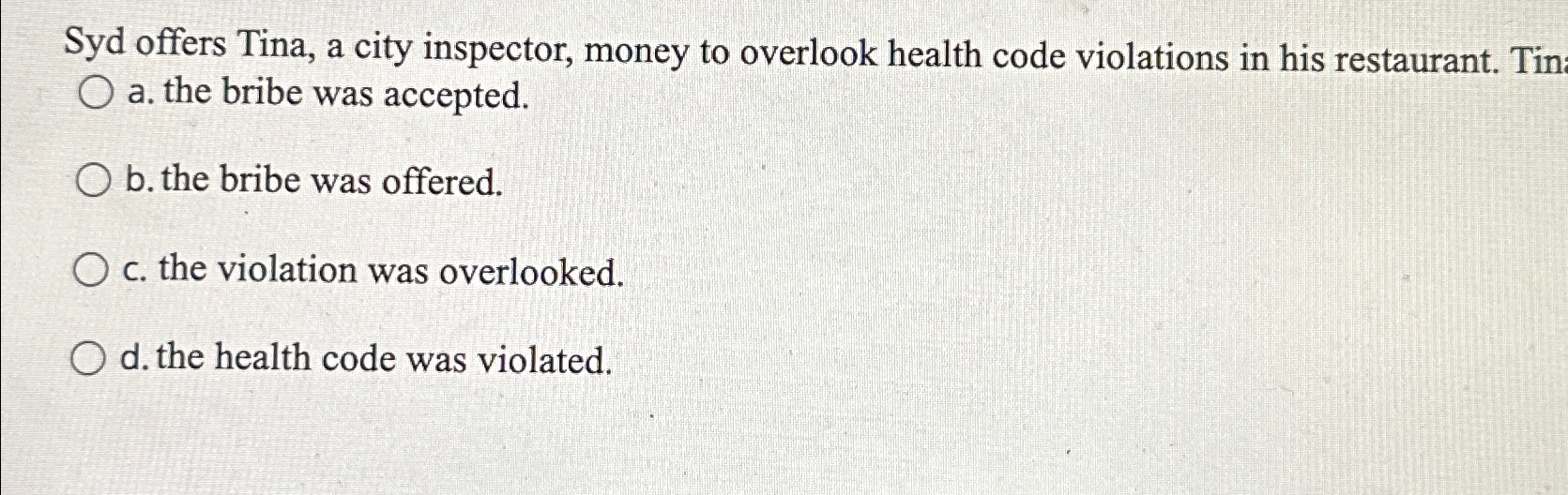Solved Syd offers Tina, a city inspector, money to overlook | Chegg.com