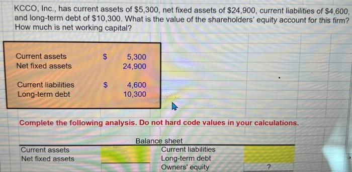 Solved KCCO, Inc., has current assets of $5,300, net fixed | Chegg.com